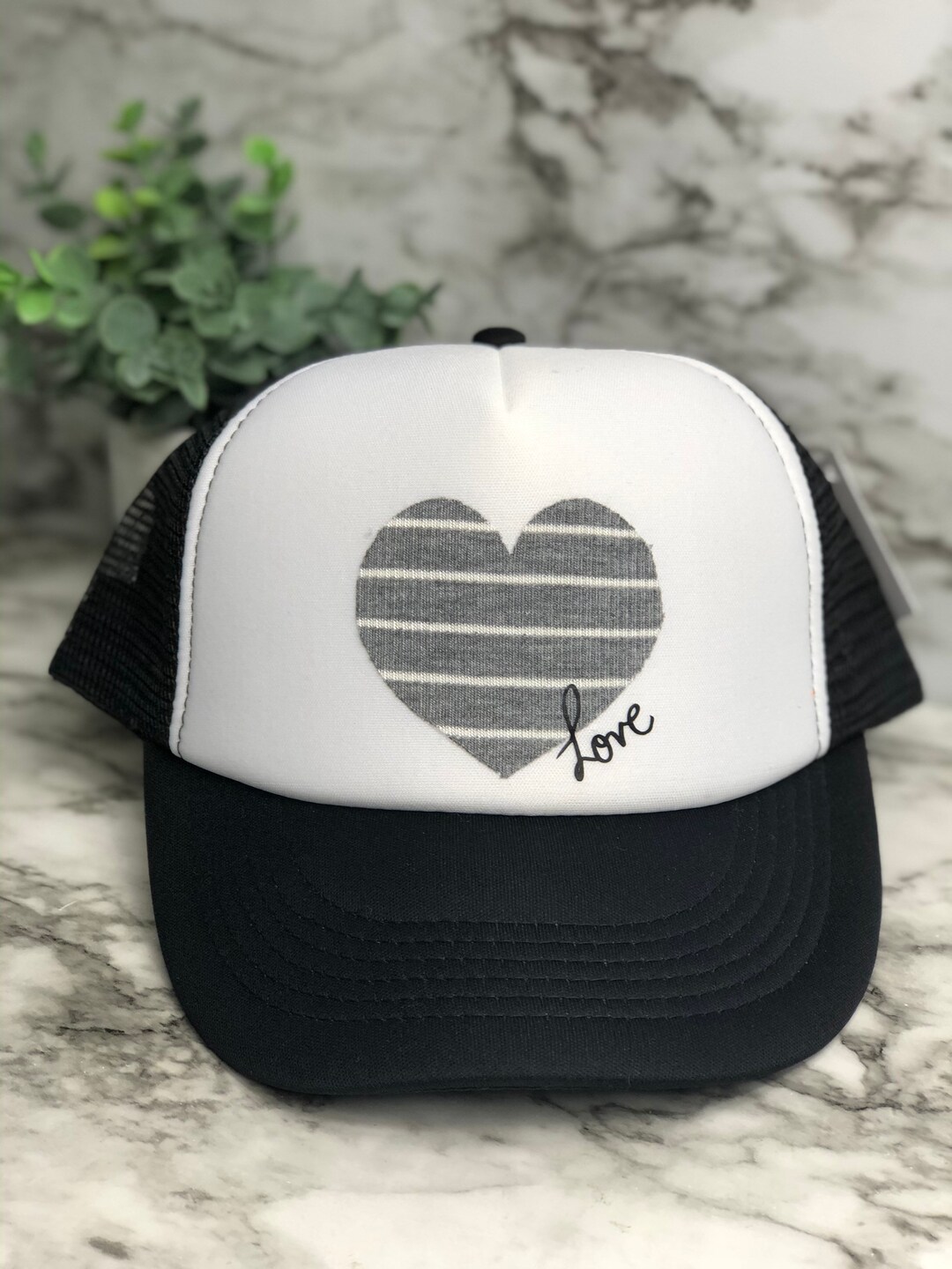 Womens Hat, Womens Gift, Striped Heart Trucker Hat, Cute Heart Hat, Hat ...