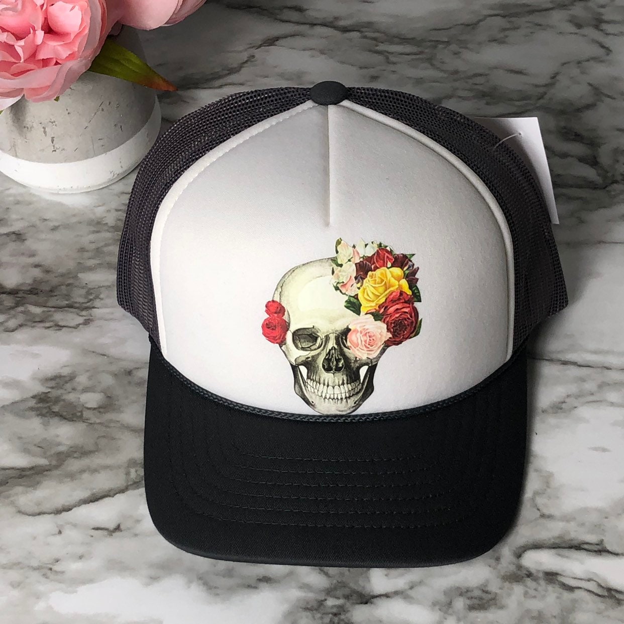 Skull skull trucker hat skull fashion skull floral floral | Etsy
