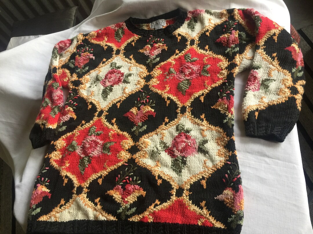 Floral Sweater, Multi-color Sweater, Rose Sweater, Black Red Sweater ...
