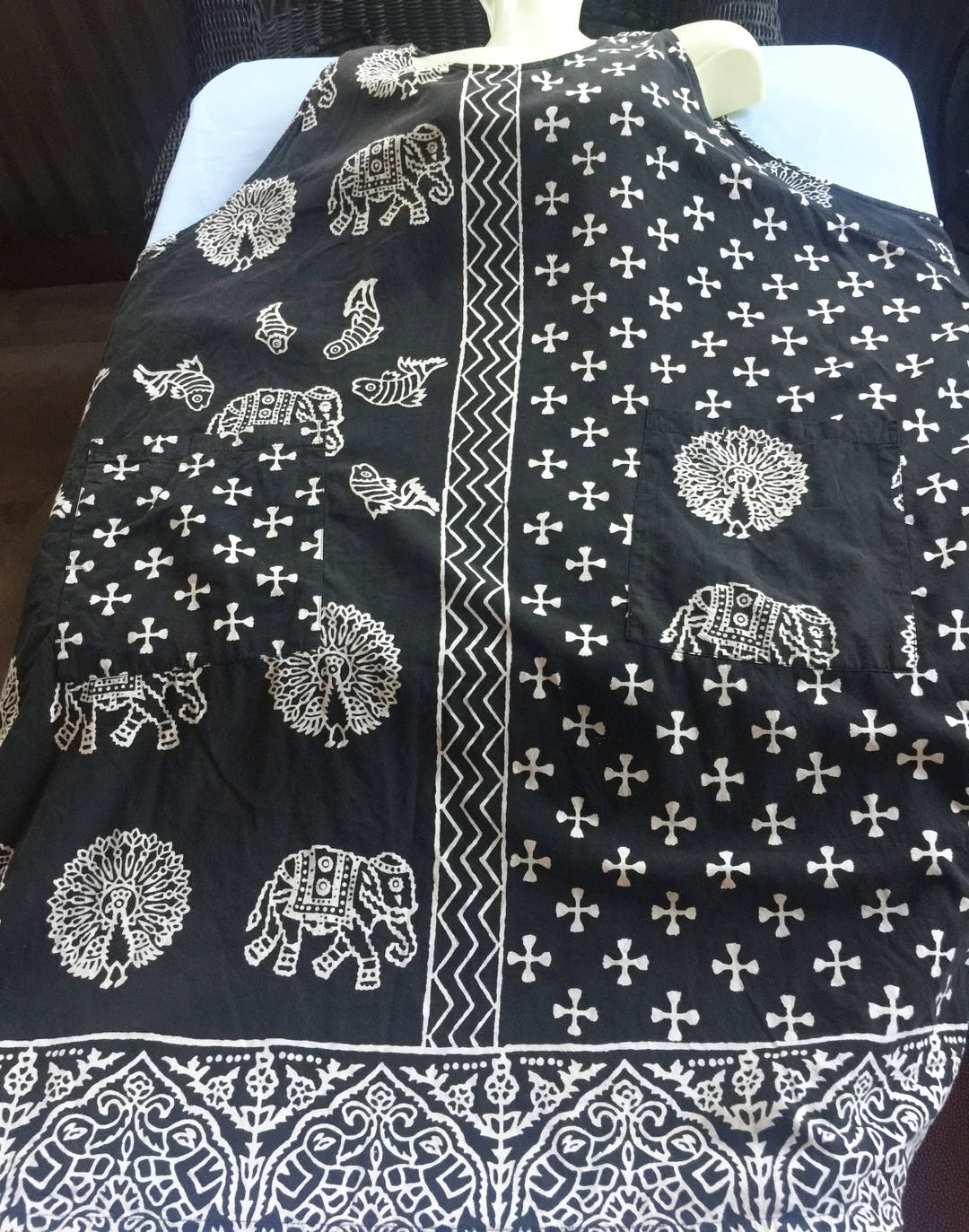 India Tunic, One Size Tunic, India Coverup, Black White Tunic, Loose ...