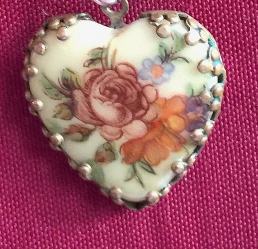 Floral Heart Pendant, Painted Heart Pendant, Rose Heart Pendant, Flower ...