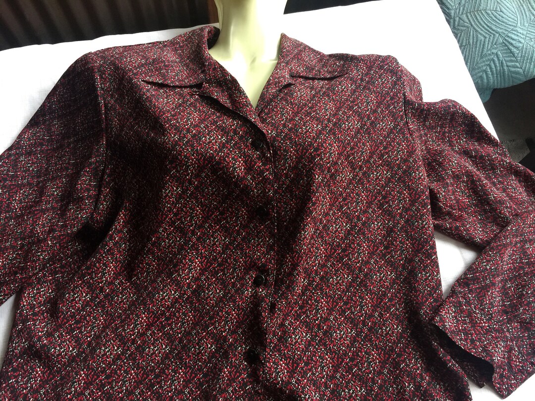 80s Blouse, Red Black Top, Career Blouse, Business Top, Red Print ...
