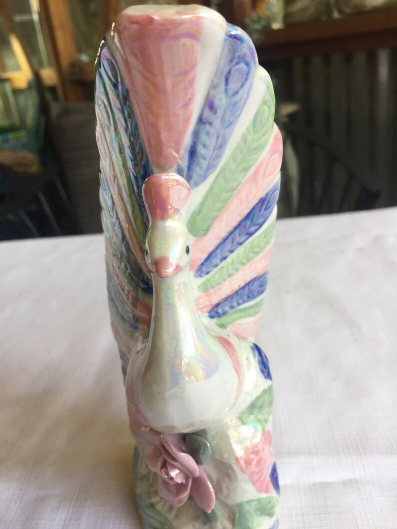 Ceramic Peacock Art Figurine, Porcelain Bird Sculpture, Pastel Decor ...