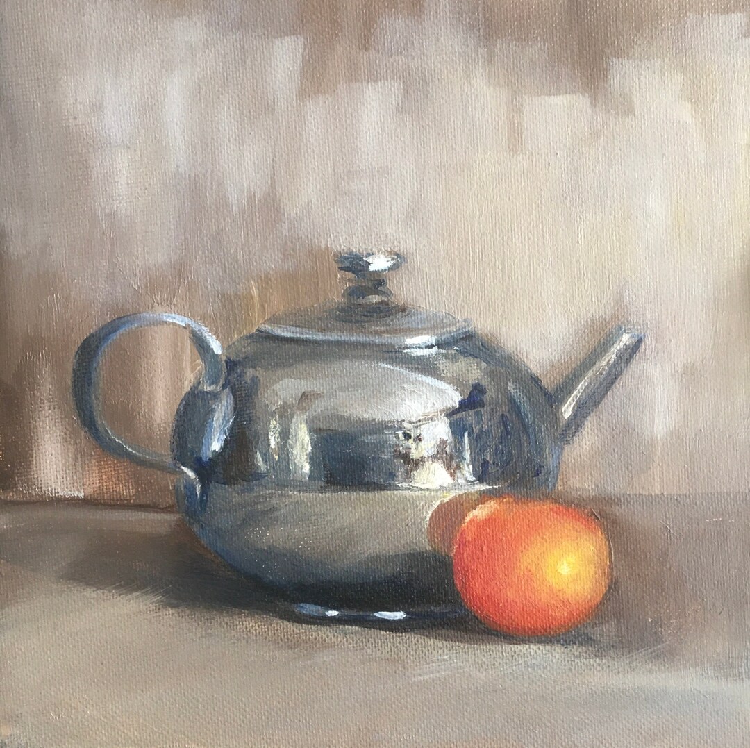 Original Still Life Oil Painting, Teapot and Orange, Kitchen Art - Etsy
