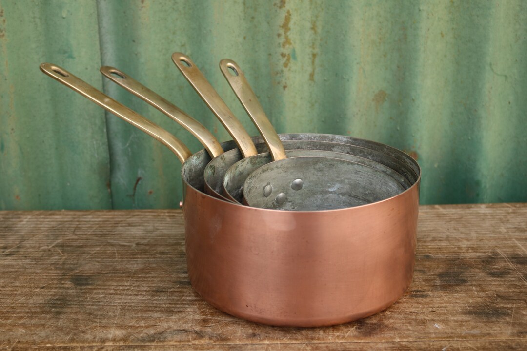 Vintage Old Antique Set of Four French Copper Saucepans. Kitchenalia ...