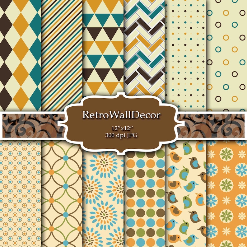 Retro Digital Paper Geometric Shapes Retro Background Beige | Etsy