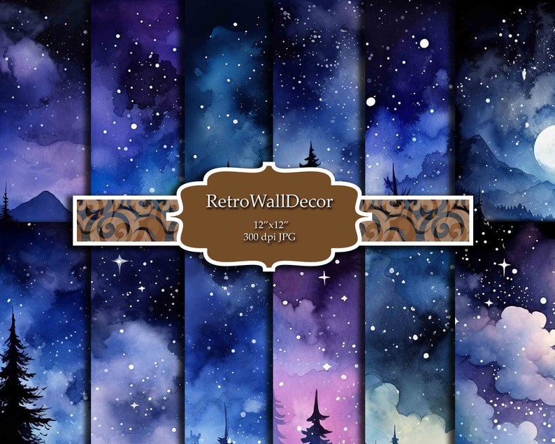 Starry Night Sky Digital Paper: 12x12 Scrapbook Backgrounds (digital ...
