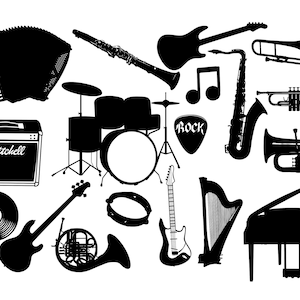Music Instrument SVG, Musical Silhouettes, Guitar, Drums, Bass ...