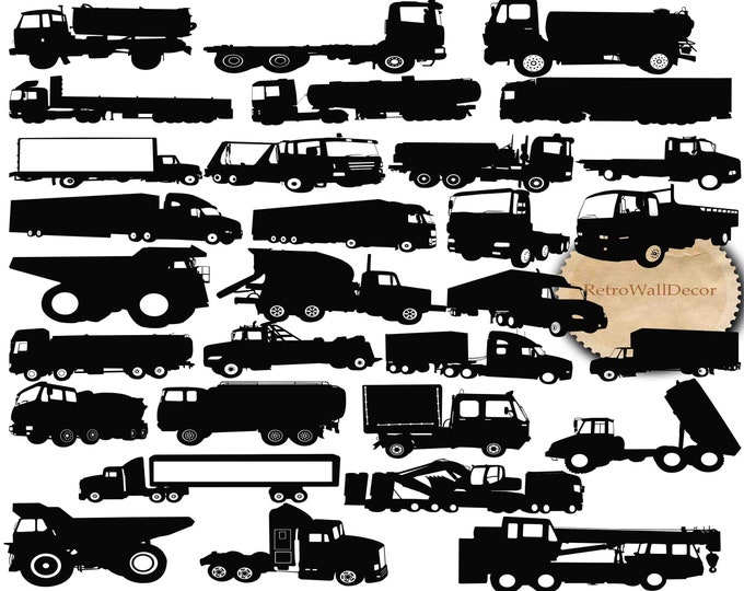 Transport Truck Vector Clipart Set / Outline, Stamp & Color Graphics ...