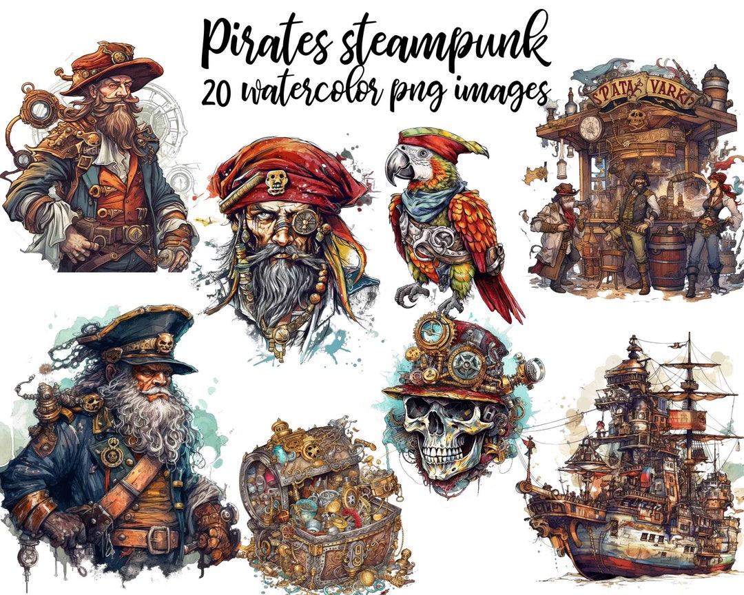 Pirate Steampunk Watercolor Clipart: Nautical Digital Art (PNG) - Etsy