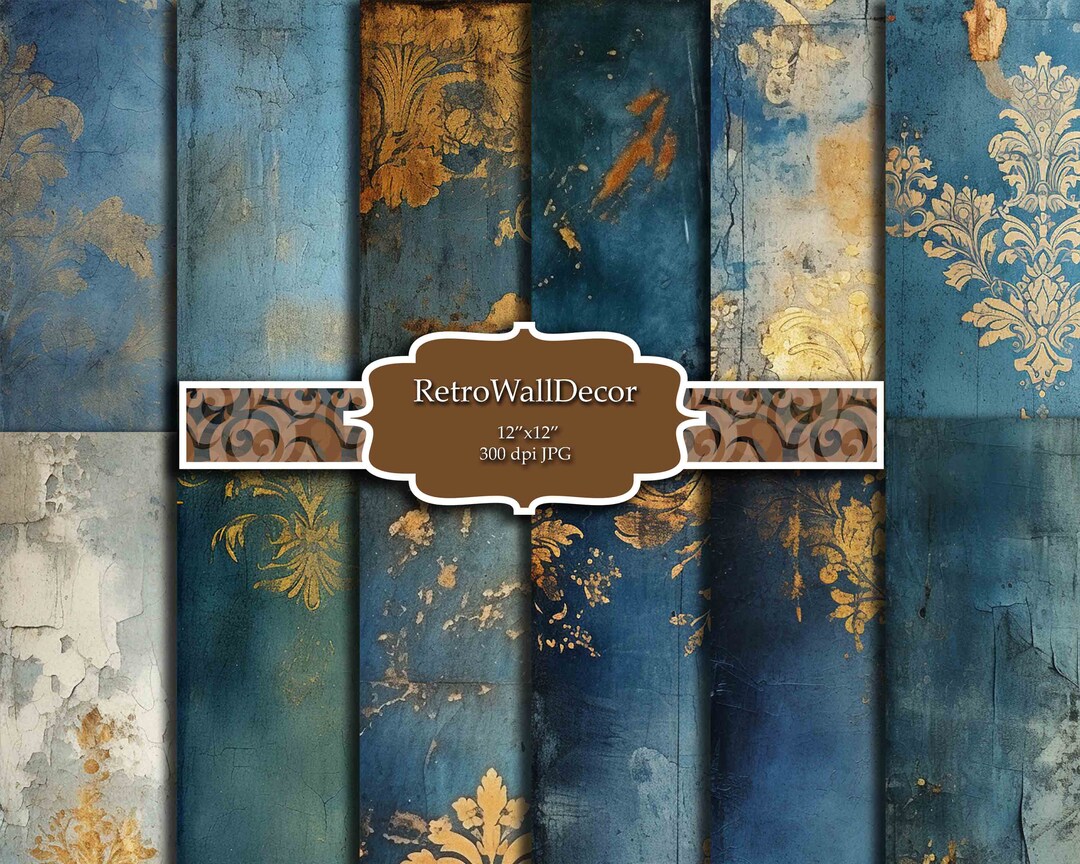 Damask Digital Paper, Damask Background, Gold Blue Damask, Scrapbook ...
