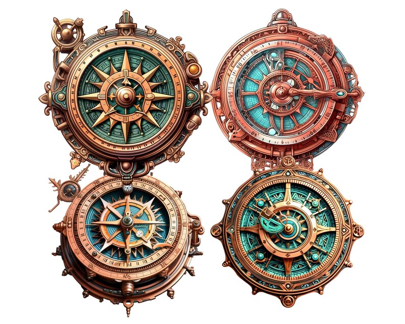 Watercolor Steampunk Compass Clipart: PNG Printable Art (digital ...