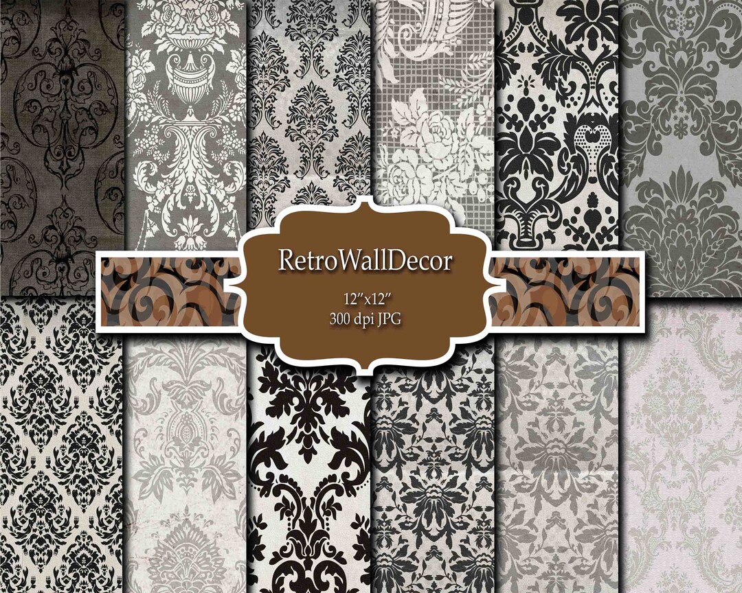 Damask Digital Paper: "black Damask" Damask Floral Scrapbook Paper ...