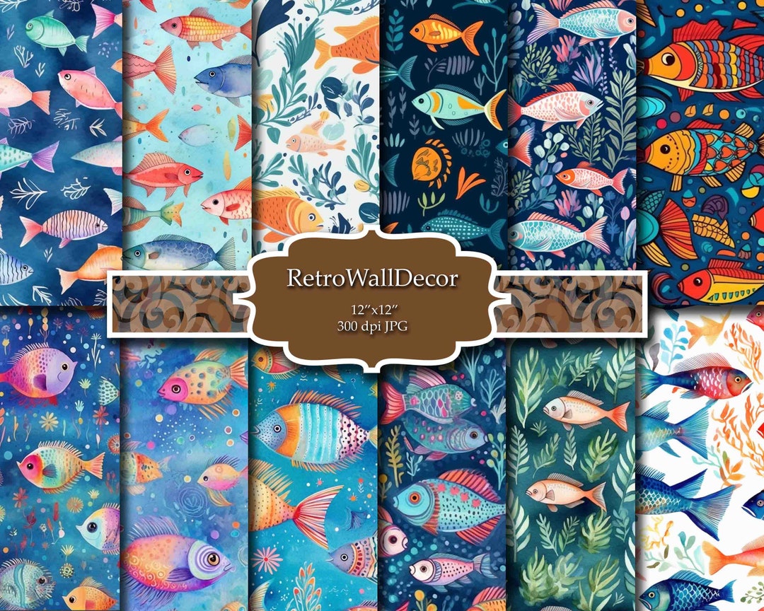Fish Digital Paper, Fish Watercolor Pattern, Ocean Backgrounds, Sea ...