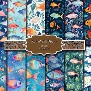 Fish Digital Paper, Fish Watercolor Pattern, Ocean Backgrounds, Sea ...