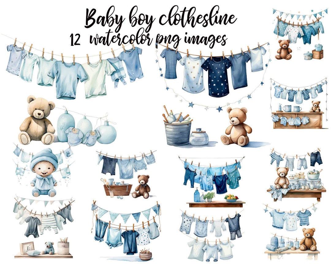 Baby Boy Clothesline Clipart: Watercolor PNG Images (digital Download ...