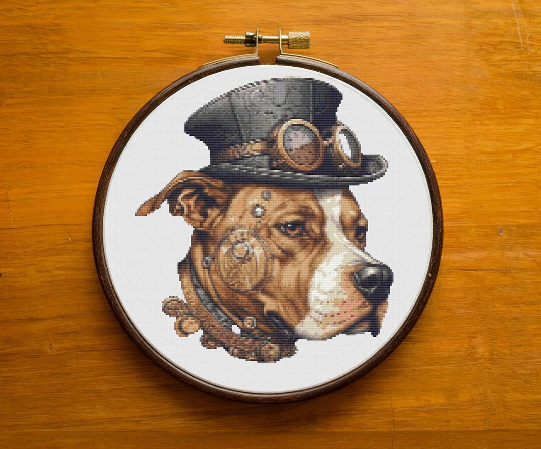 Steampunk Pit Bull Cross Stitch Pattern: Dog Embroidery Design (PDF ...
