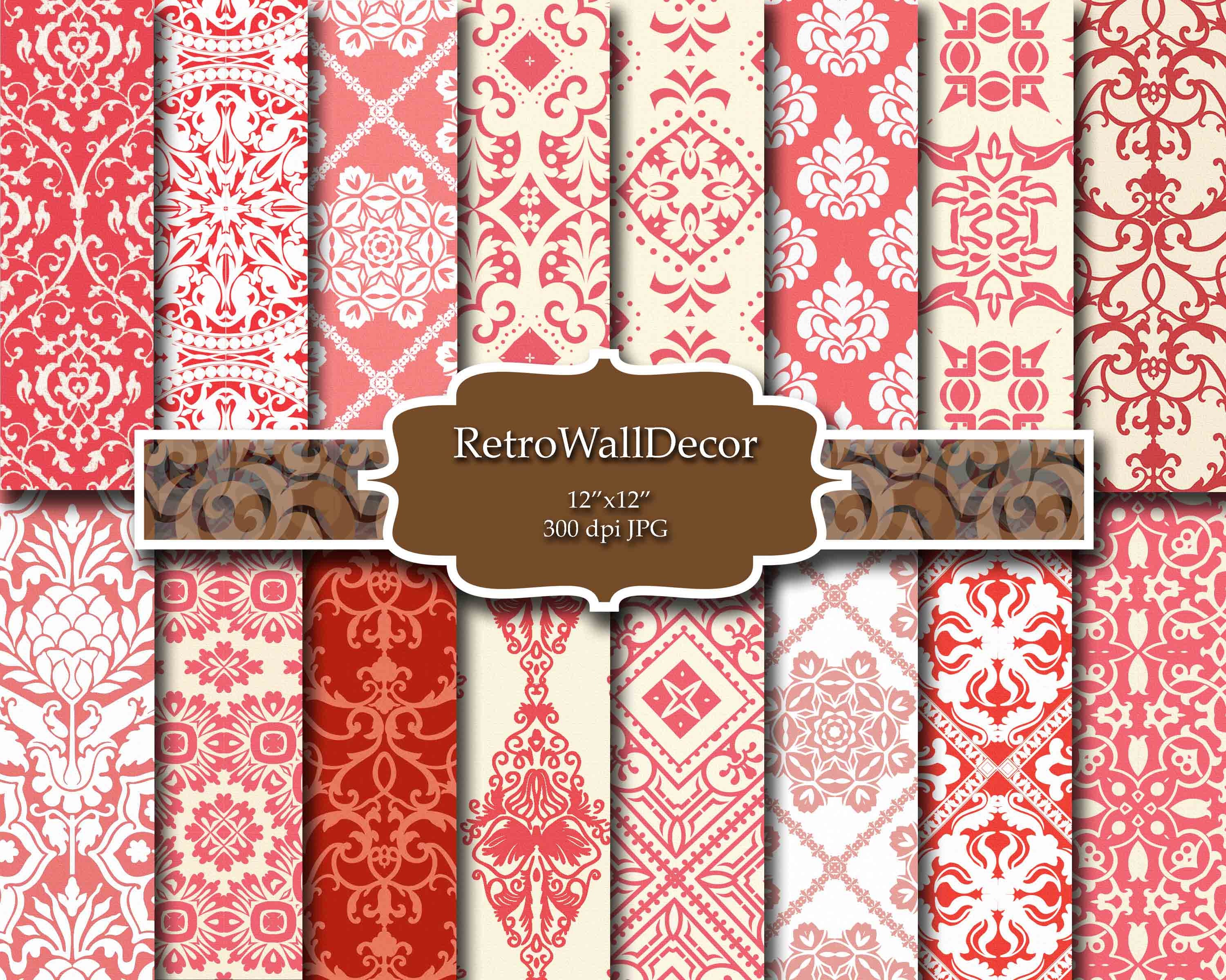 Damask digital paper Damask background Red damask Scrapbook | Etsy