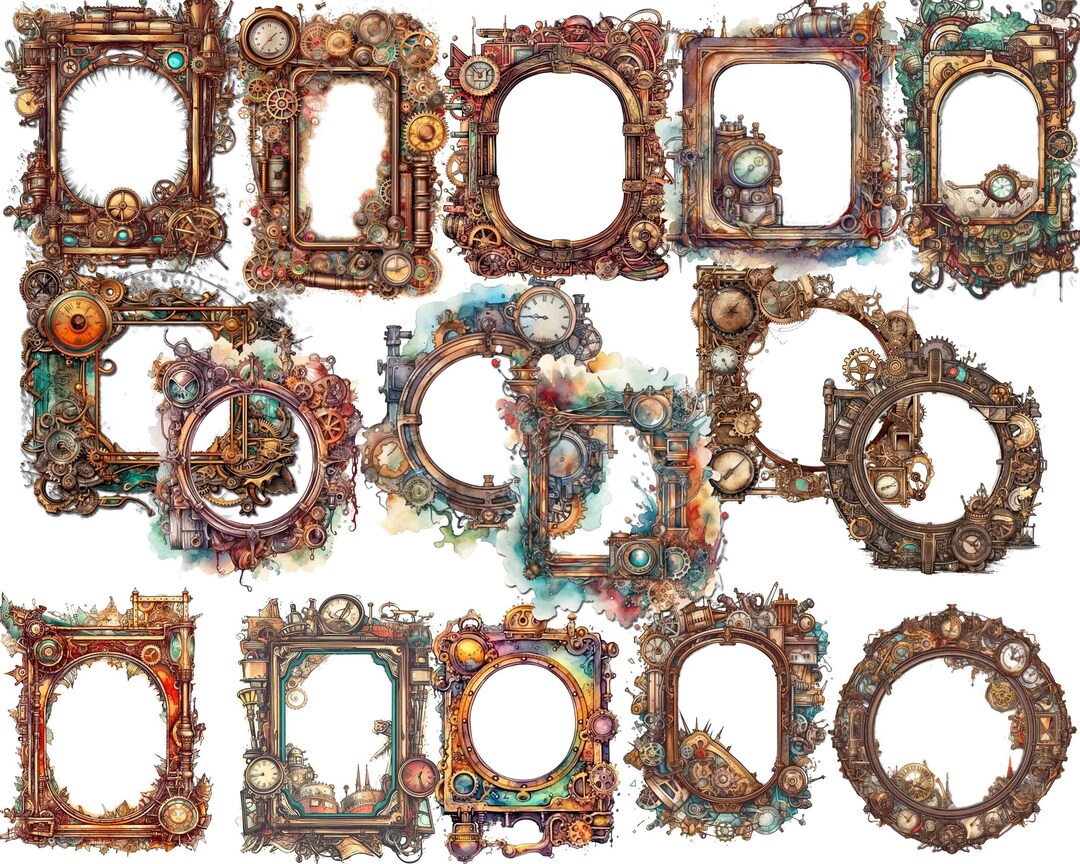 Steampunk Digital Frame, Watercolor Clipart, Steampunk Frame PNG ...