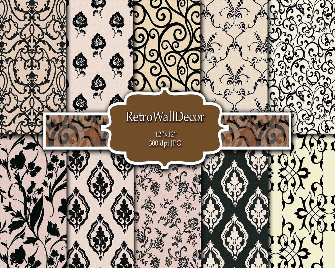 Black & White Floral Damask Digital Paper Pack (12x12 JPEG) - Etsy