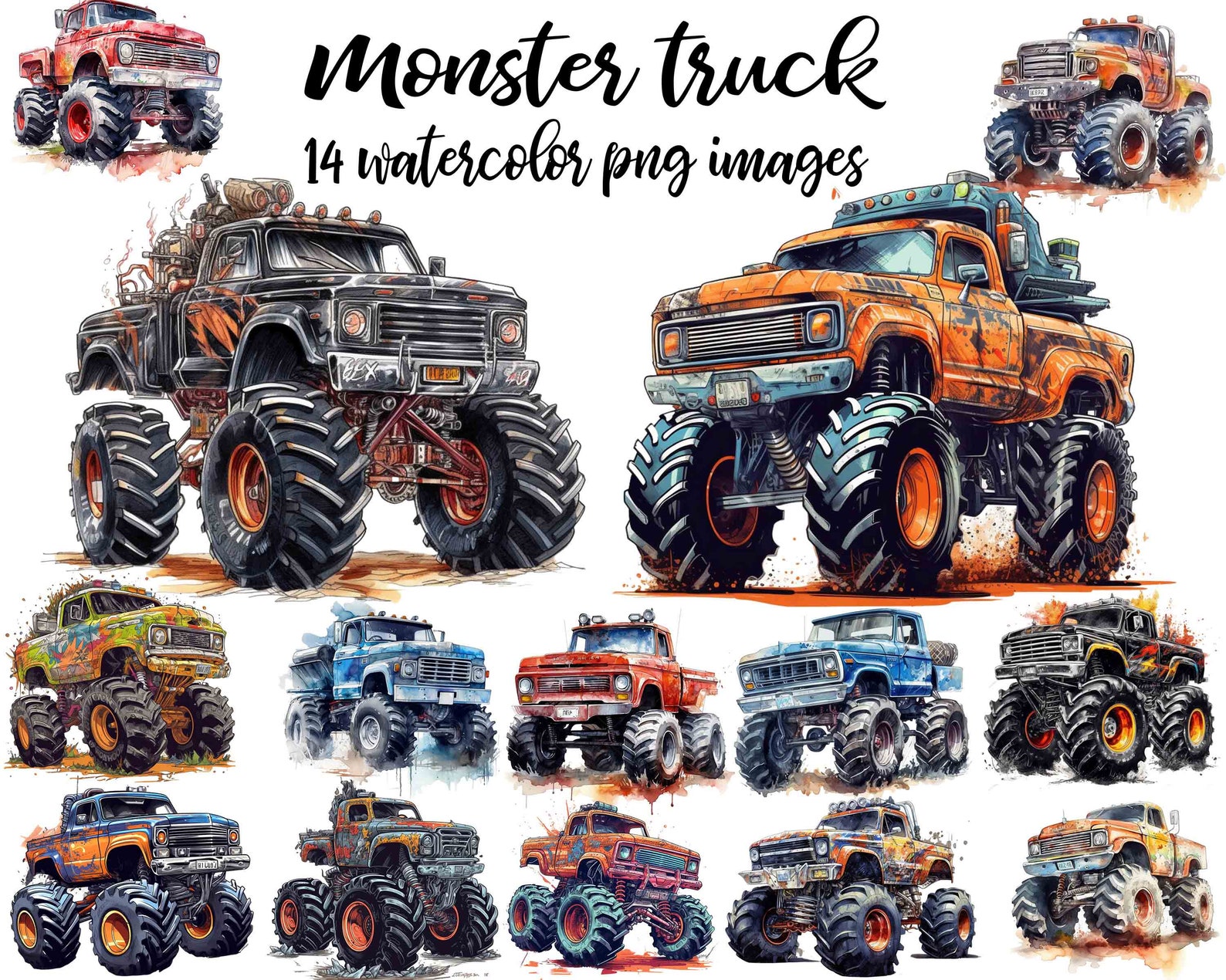 Watercolor Monster Truck Clipart: PNG Images for Nursery Decor (digital ...