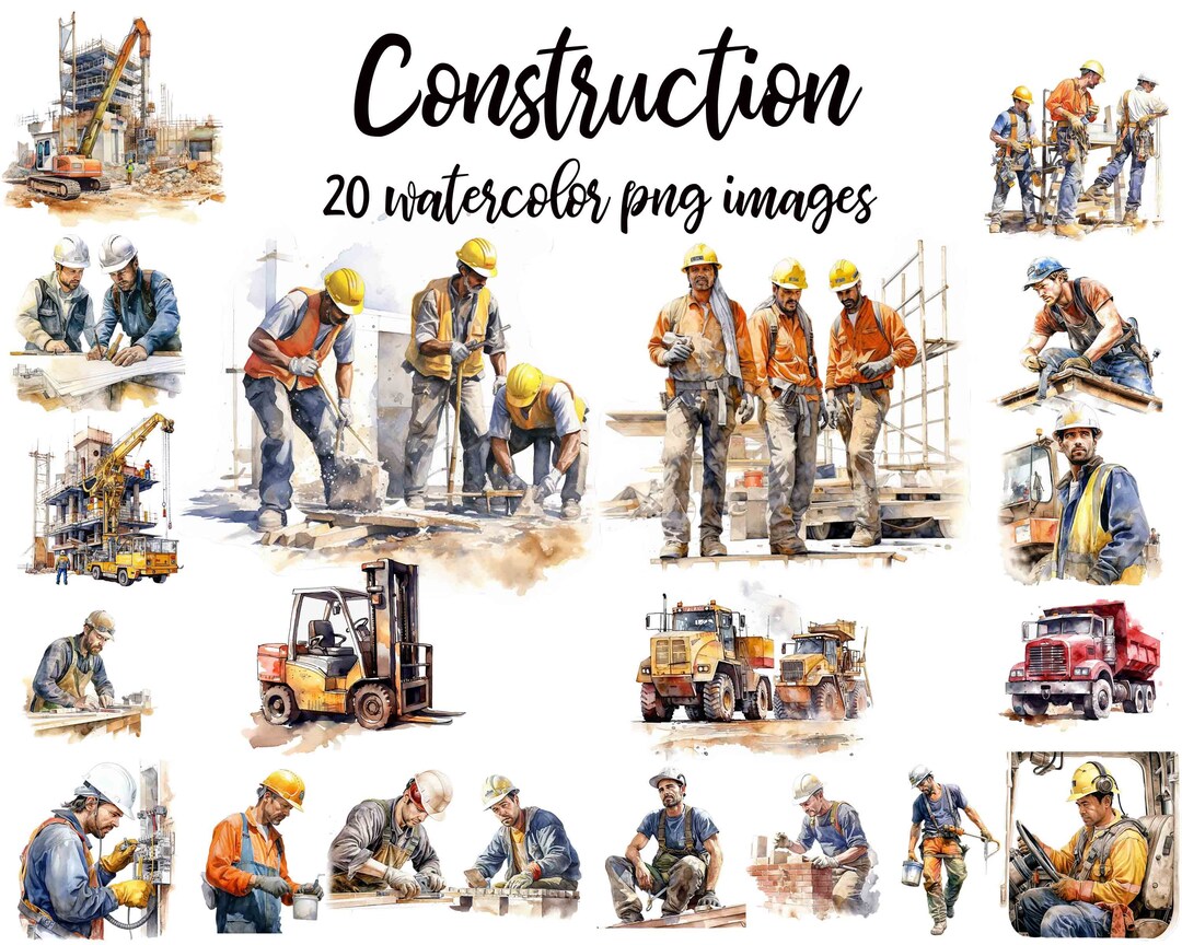 Watercolor Construction Worker Clipart: 20 PNG Illustrations (digital ...