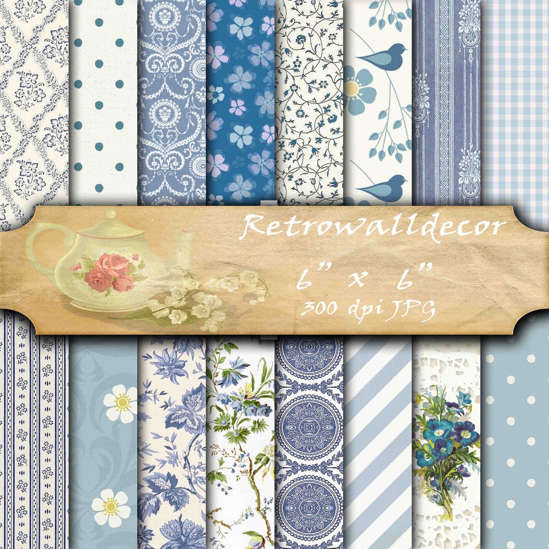 Blue Digital Paper With Blue Grungy Background , Flowers , Dots Damask ...