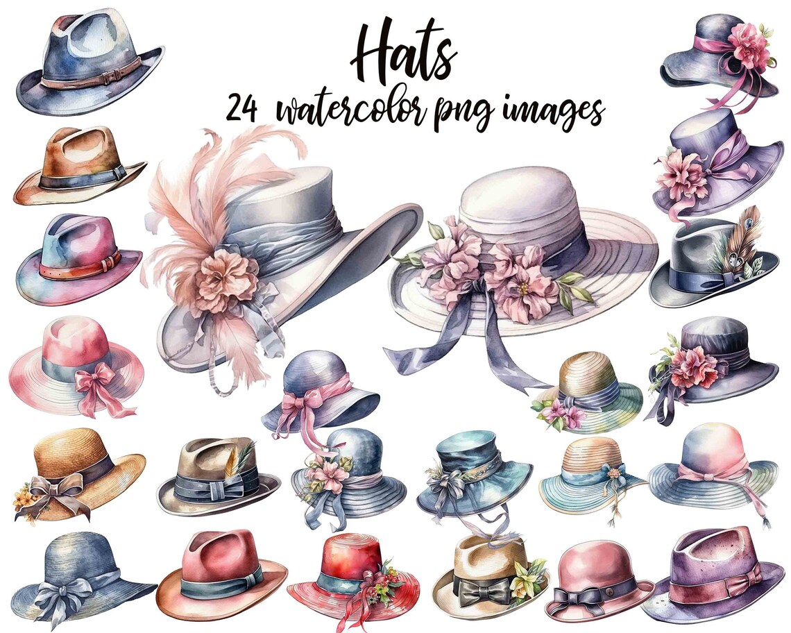 Watercolor Hat Clipart: 24 PNG Illustrations (digital Download) - Etsy