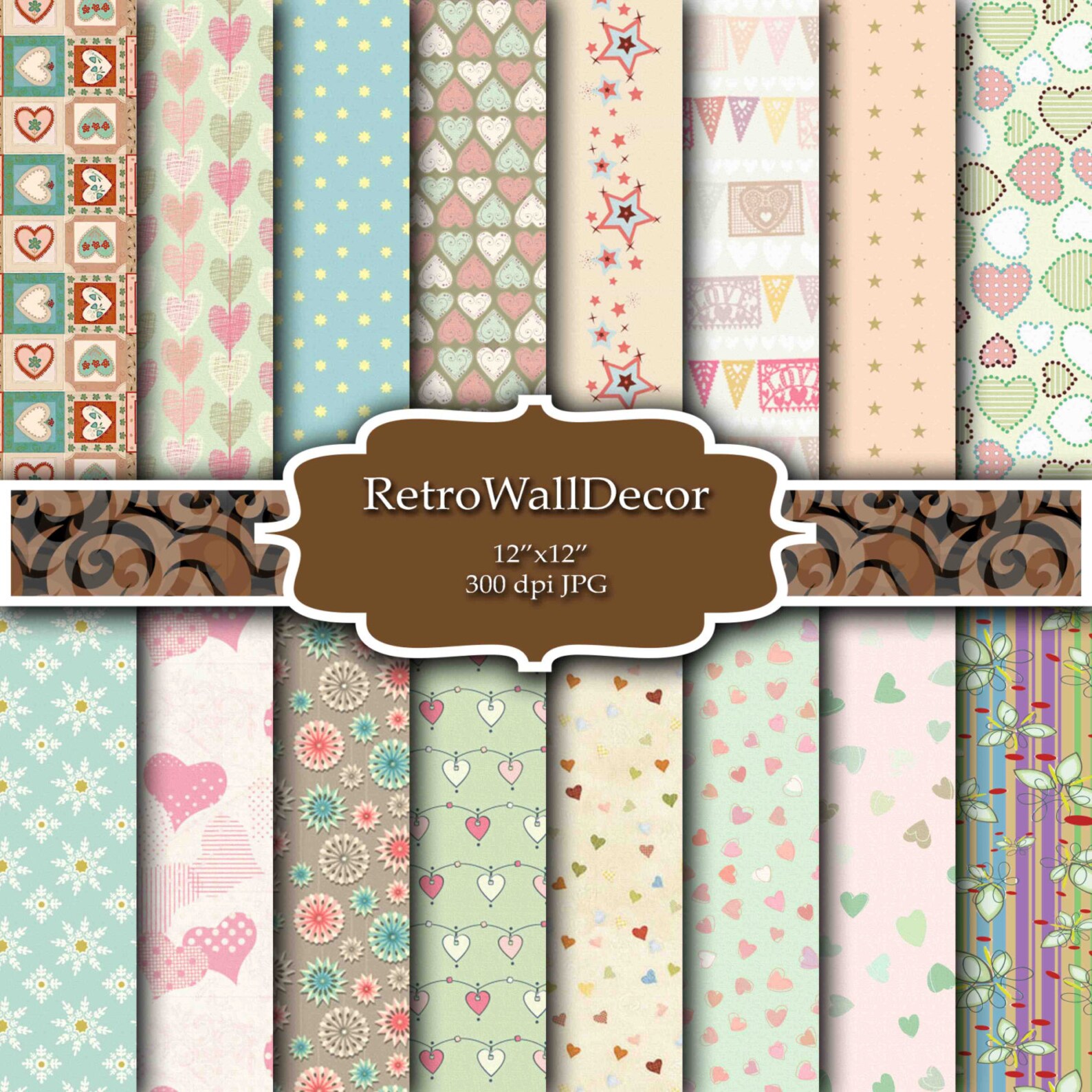 Hearts Digital Papers Hearts Garland Flags Bunting | Etsy