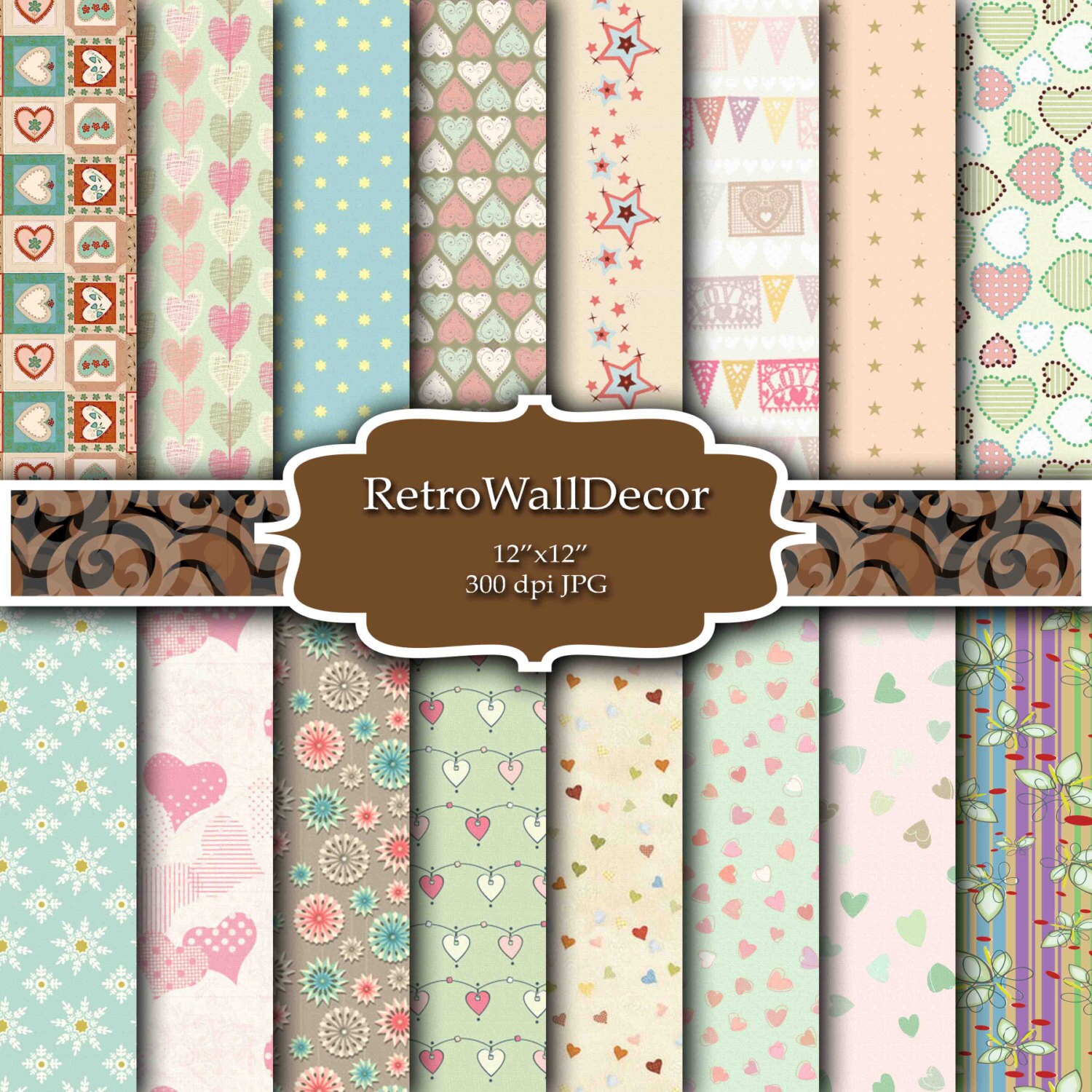 Hearts Digital Papers Hearts Garland Flags Bunting | Etsy