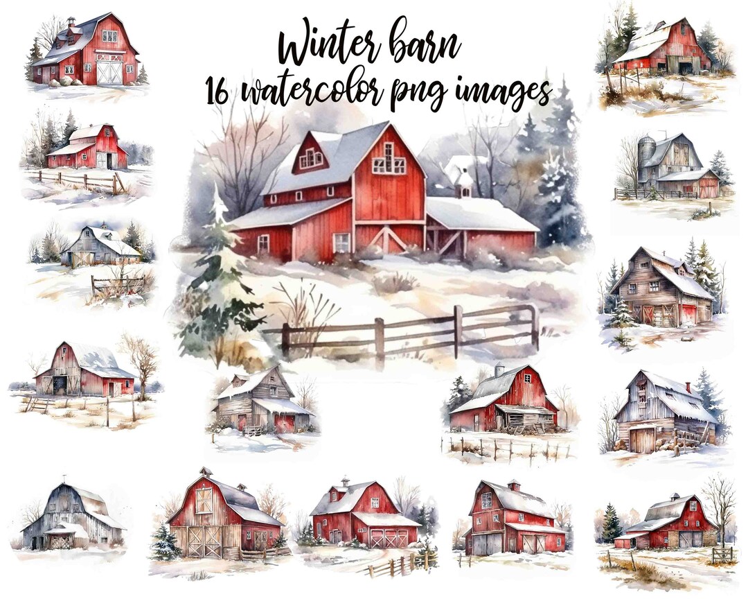 Winter Barn, Barn Illustration, Barn Clipart, Watercolor Barn, Old Farm ...