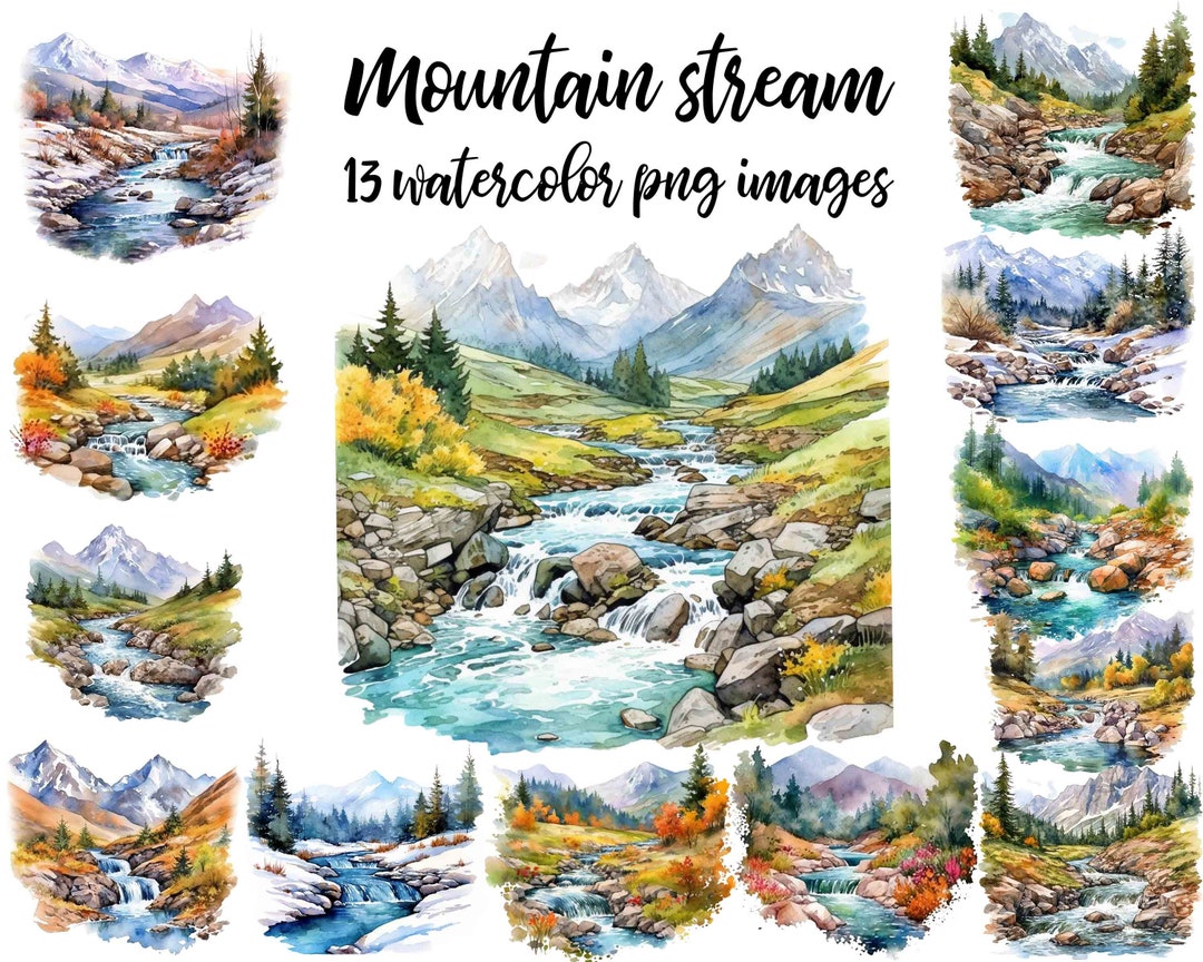 Mountain Stream Clipart, Stream Watercolor, Stream Clipart, Mountain ...