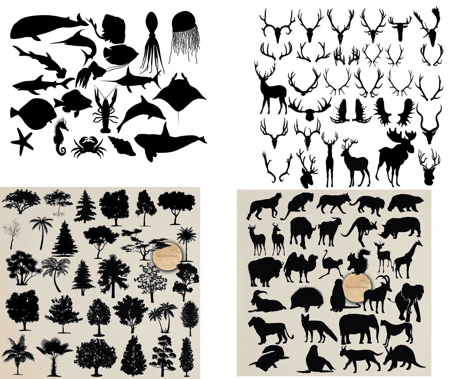 Nature Bundle Animal Silhouette Animal Clip Art Plants | Etsy