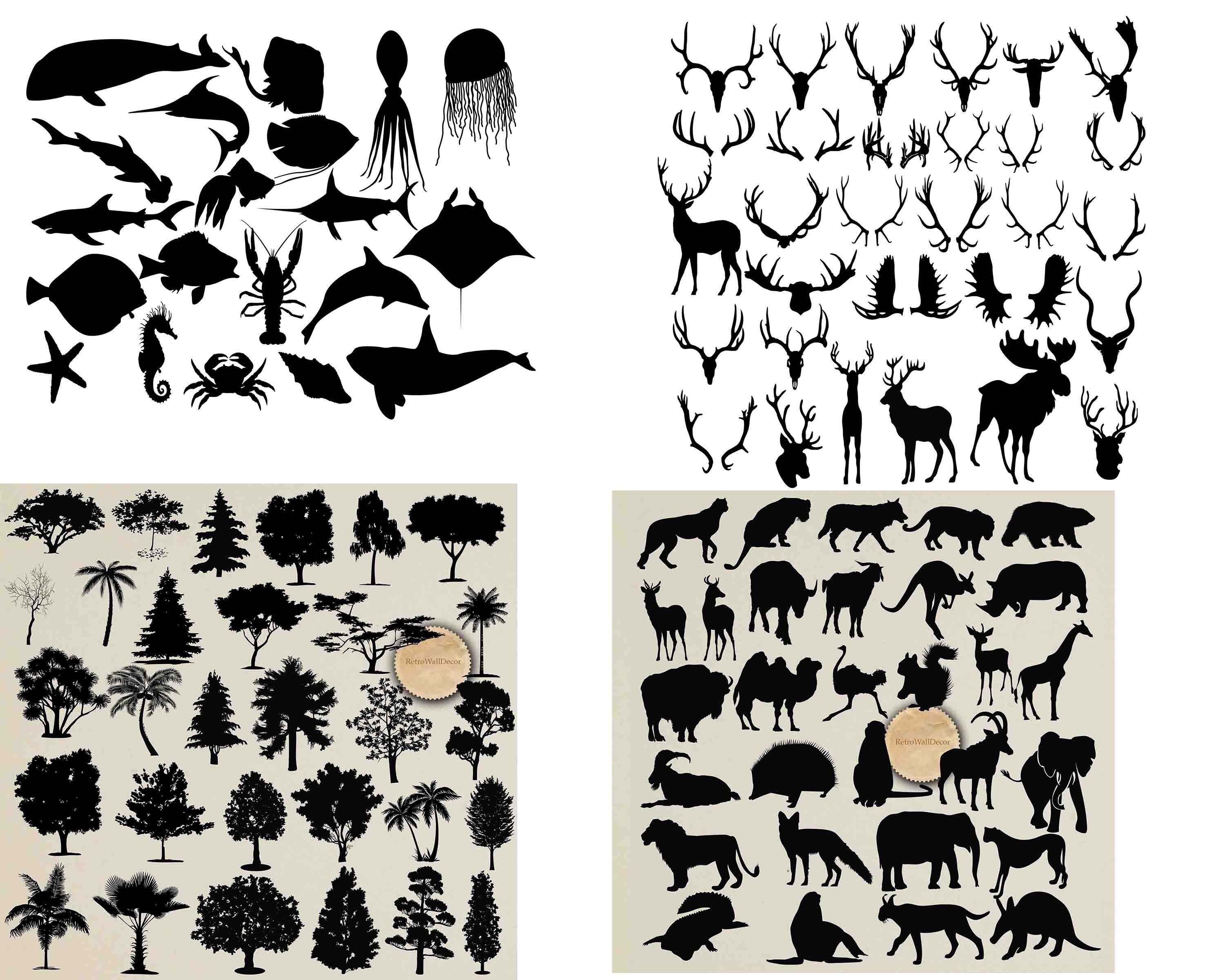 Nature Bundle Animal Silhouette Animal Clip Art Plants | Etsy