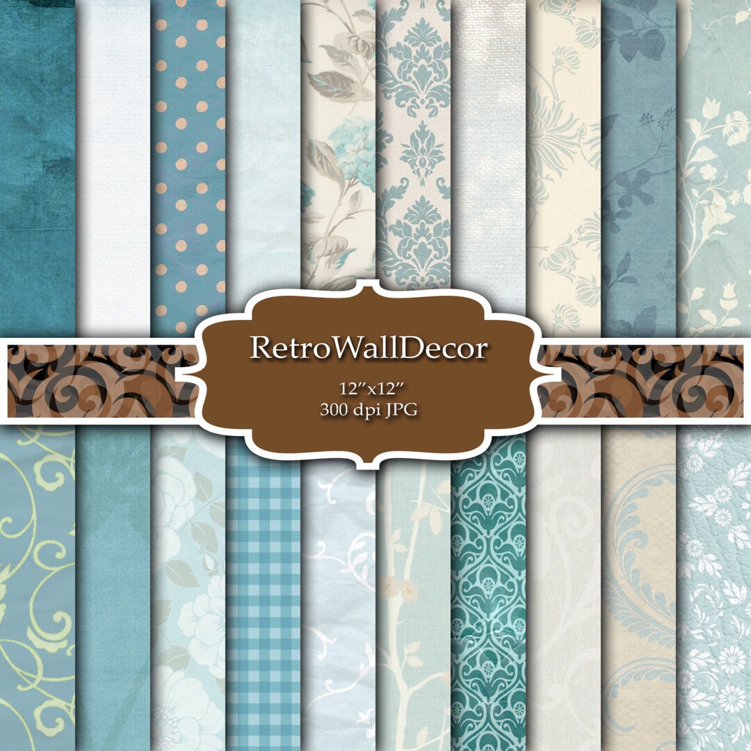 Blue Digital Paper Pack: Grungy Floral Damask Textures (12x12, JPEG ...