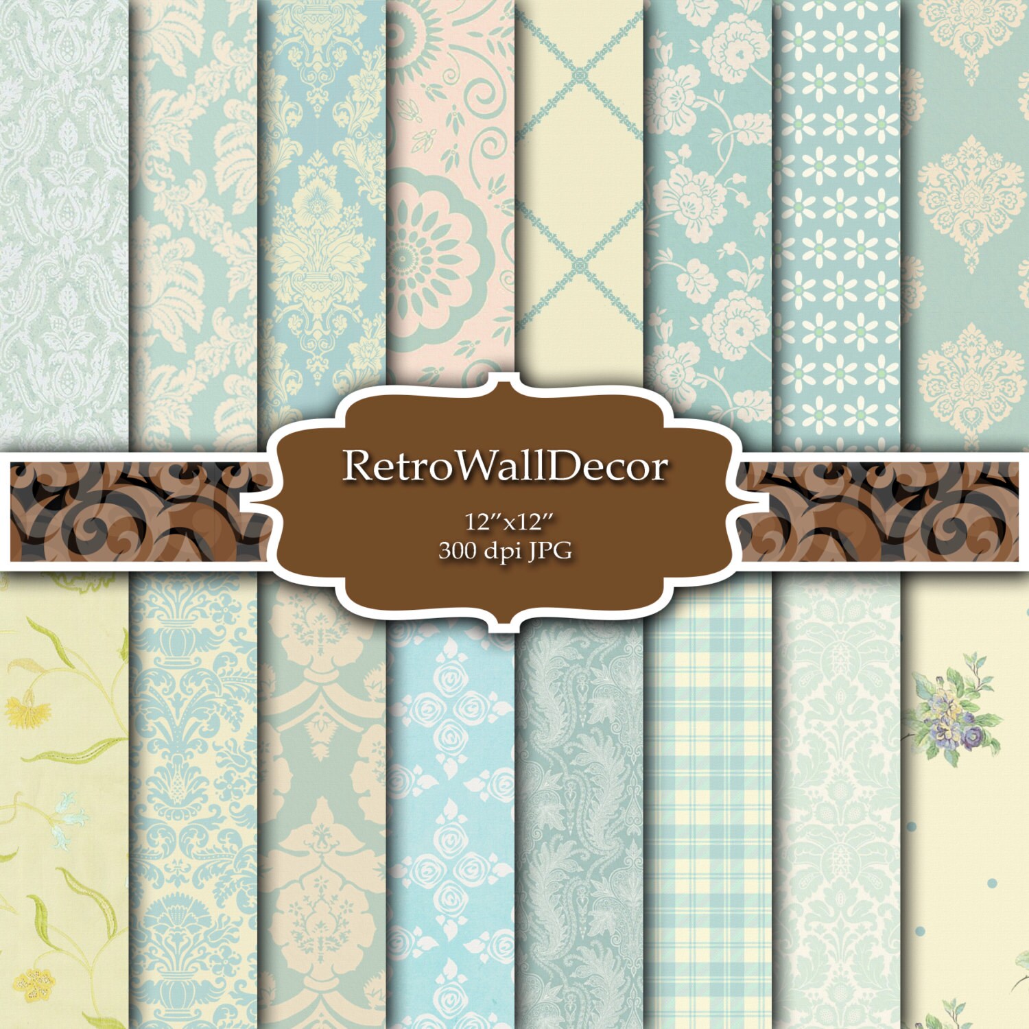 Damask digital paper: Green Paper Damask Floral | Etsy