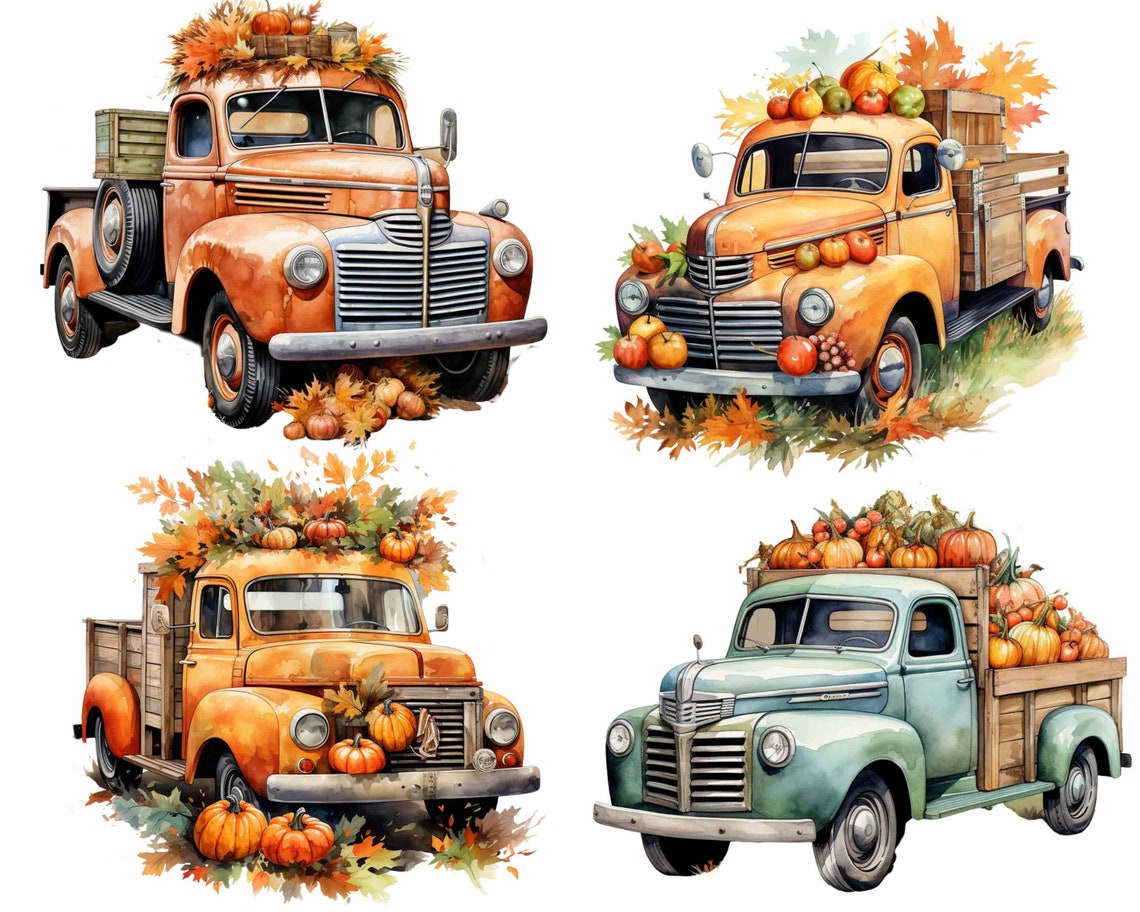 Watercolor Pumpkin Truck Clipart: Fall Farm Truck PNG Images - Etsy