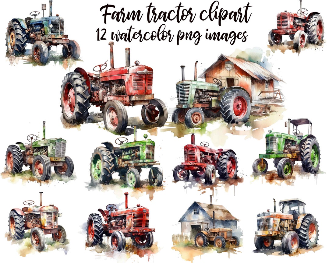 Watercolor Tractor Clipart: Farm Tractor Illustration (PNG Files) - Etsy