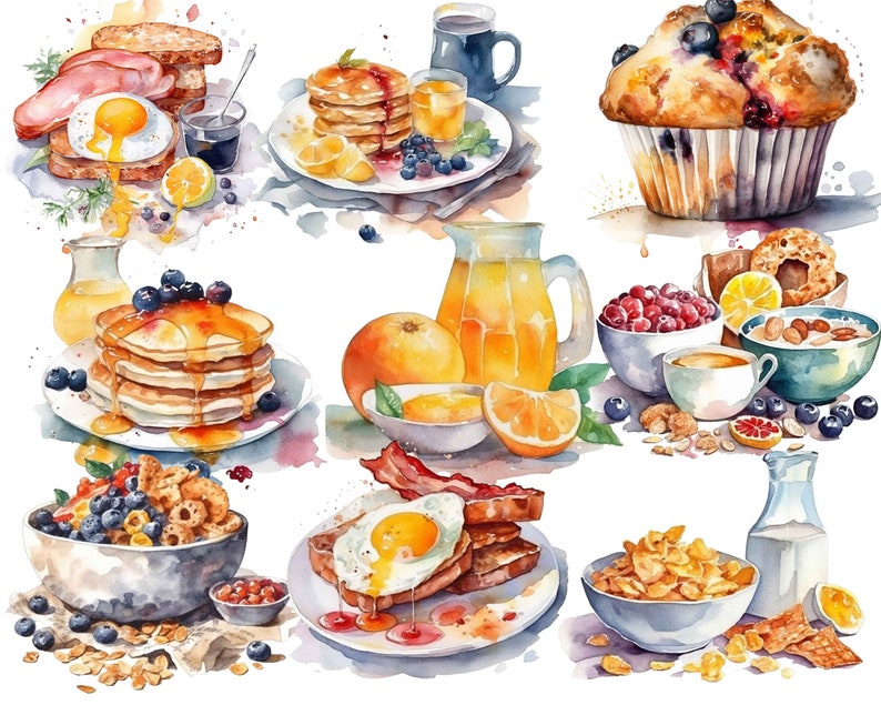 Breakfast Clipart Breakfast Watercolor Breakfast Nursery - Etsy
