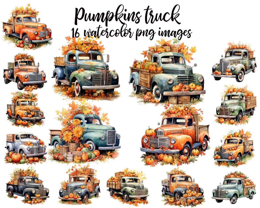 Pumpkin Truck, Farm Truck Clipart, Farm Truck Watercolor, Pumpkin Truck ...
