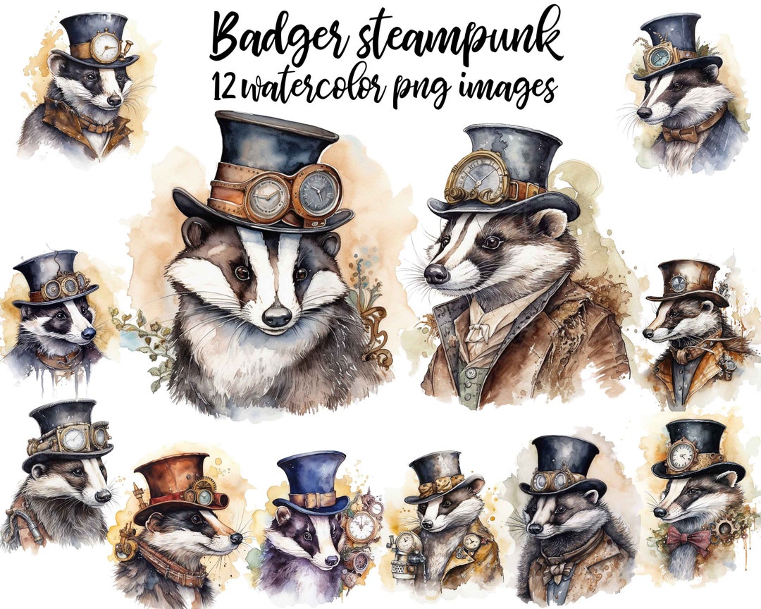 Steampunk Badger, Watercolor Clipart, Steampunk Badger PNG, Badger ...