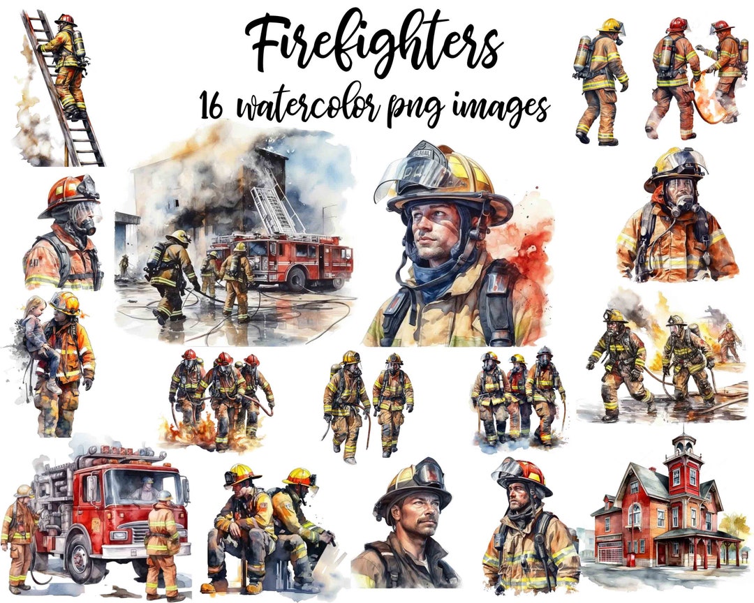 Firefighter Watercolor, Fire Set Clipart, Firefighter Clipart, Fire ...