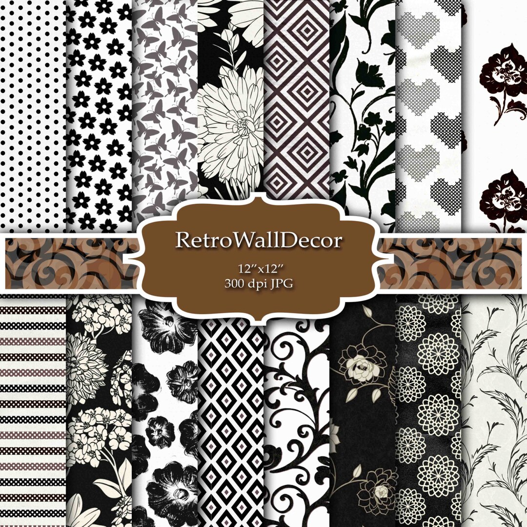 Black & White Floral Digital Paper Pack: Scrapbook Backgrounds (12x12 ...