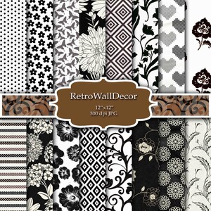 Black and White Digital Paper Pack , Floral Background , Hearts , Polka ...