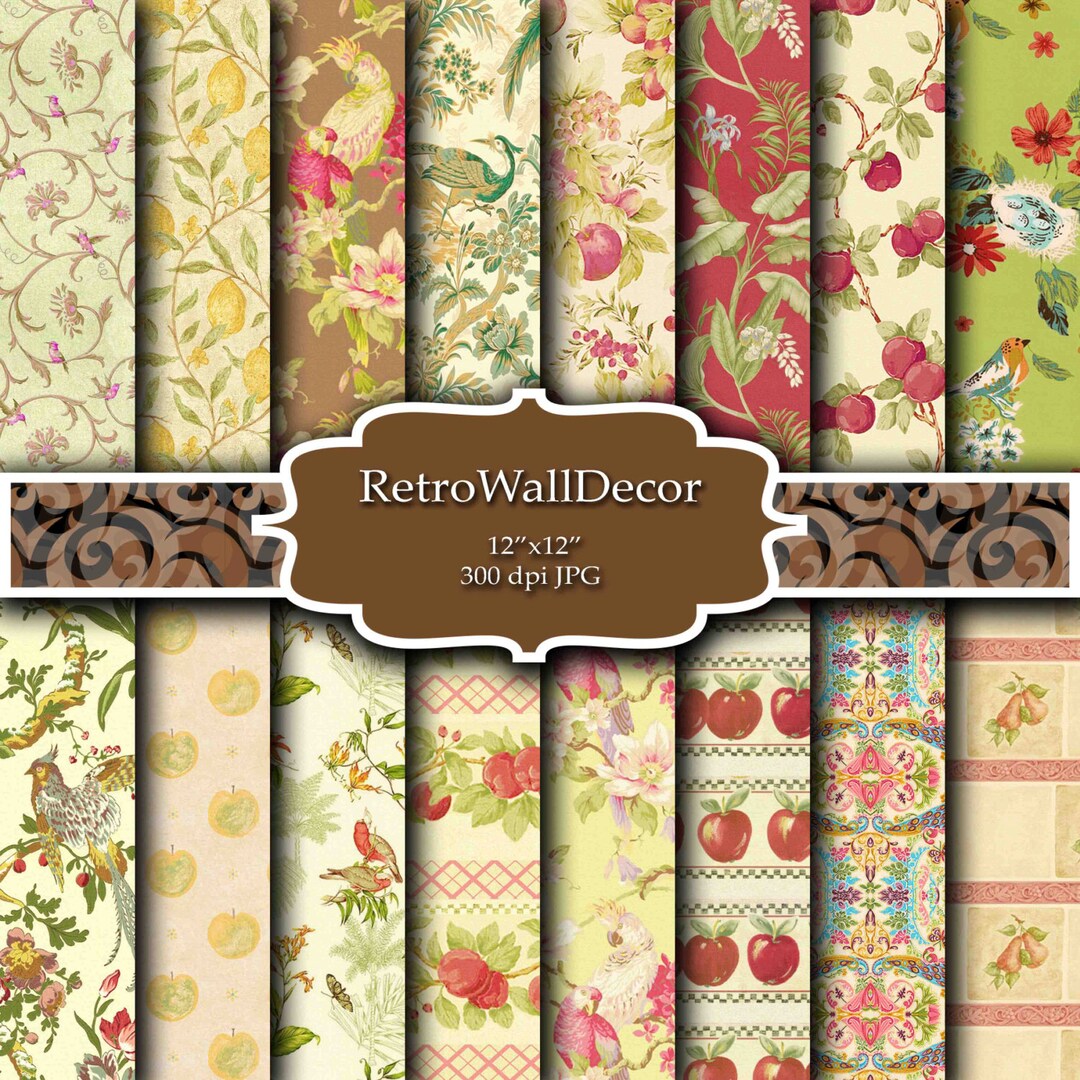 Floral Digital Paper Pack: Vintage Fruit & Flower Patterns (12x12) - Etsy
