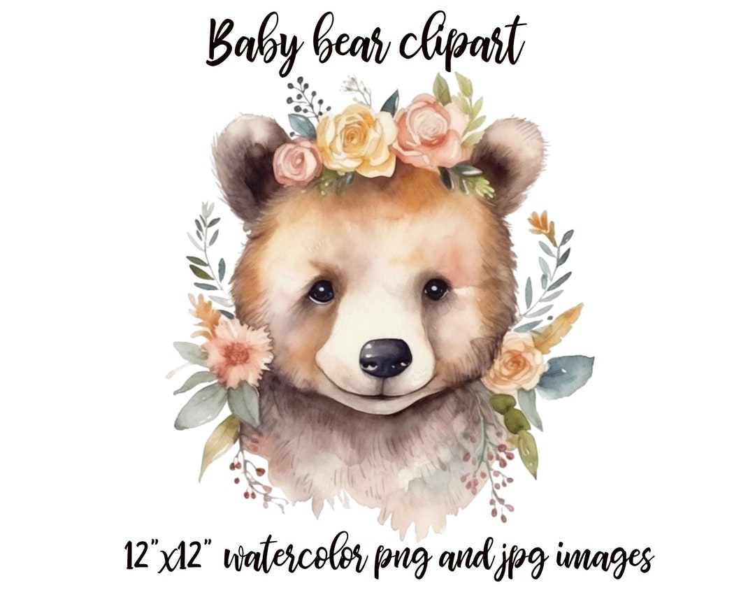Baby Bear Watercolor Clipart: Floral Nursery Art (PNG, JPG) - Etsy