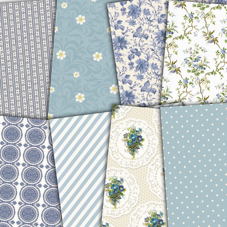 Blue digital paper with blue grungy background flowers | Etsy