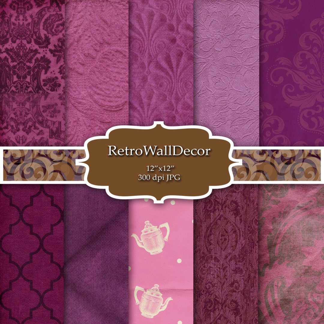 Purple Digital Paper, Scrapbook Papers, Damask Digital Paper, Purple ...