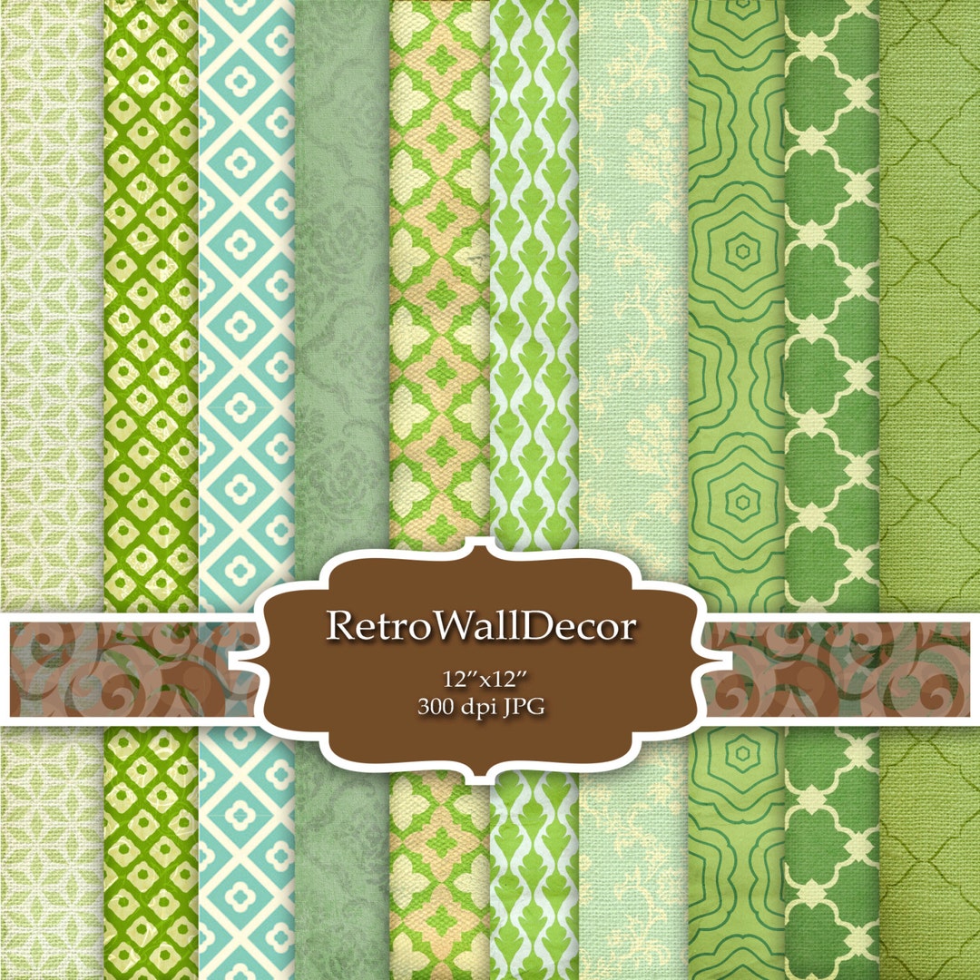 Green Digital Paper, Green Scrapbook Paper, Pastel Green Damask, Green ...
