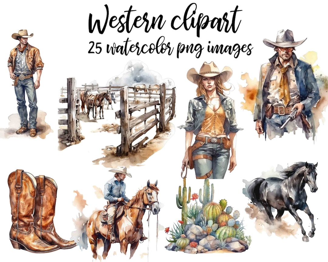 Western Watercolor Clipart: Cowboy, Wild West PNG Images (digital ...
